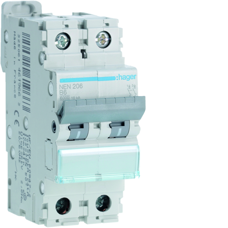 Hager NEN206 Disjoncteur 2P 6-10kA courbe B-6A 2 modules
