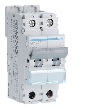 Hager NFN206 Disjoncteur 2P 6-10kA courbe C - 6A 2 modules